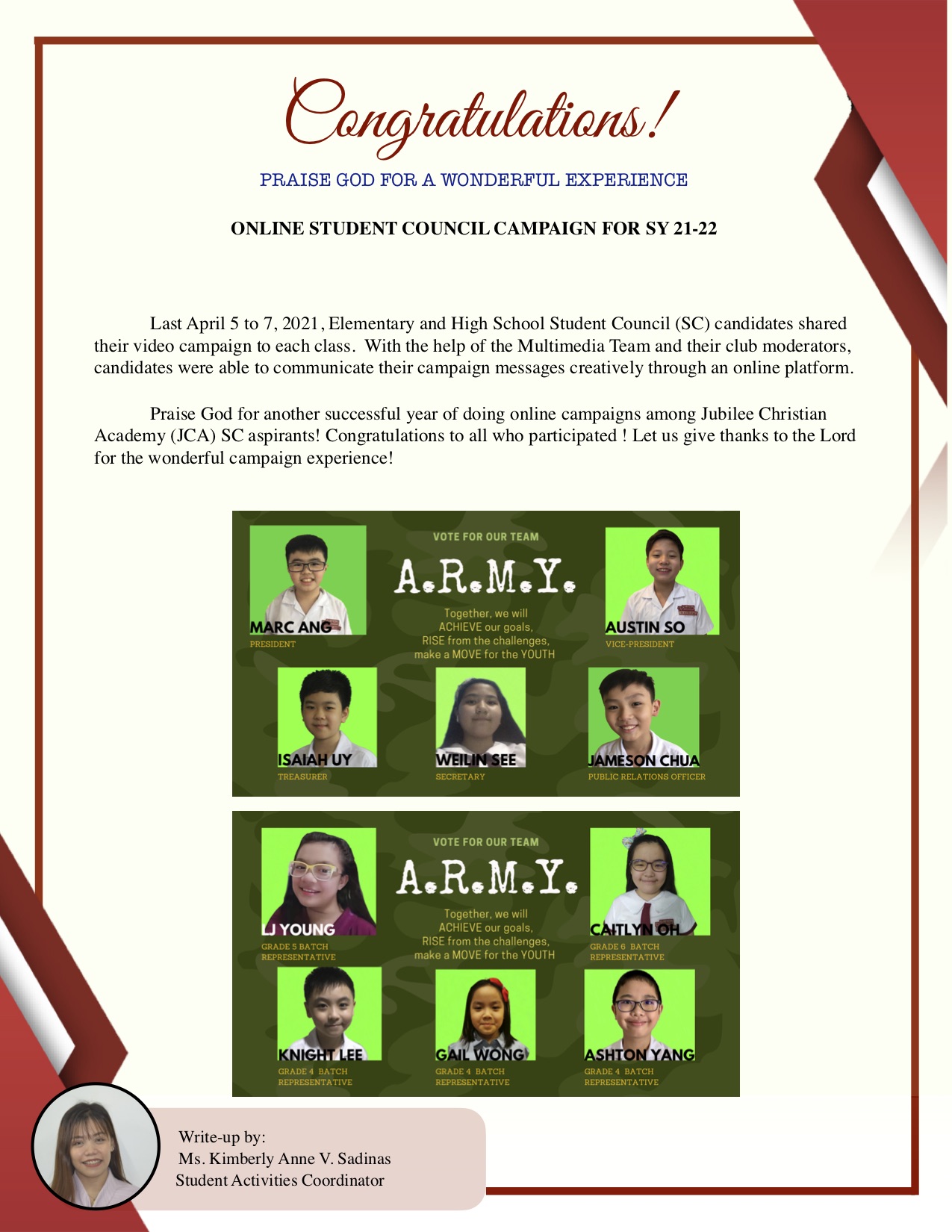 Online Student Council Campaign for SY 21-22 - Jubilee Christian Academy