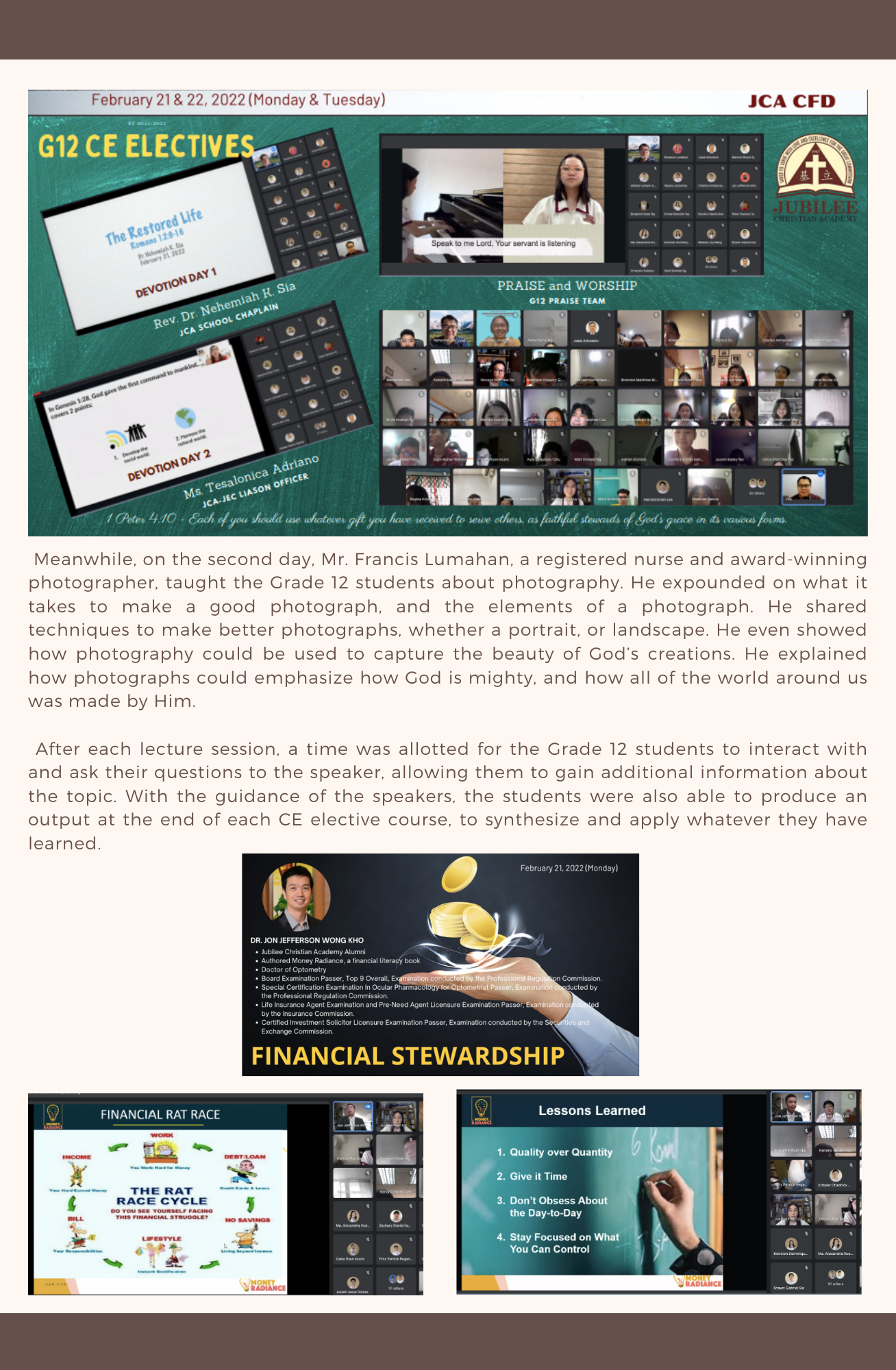 Stewardship and Service: G12 Christian Education Electives Experience ...