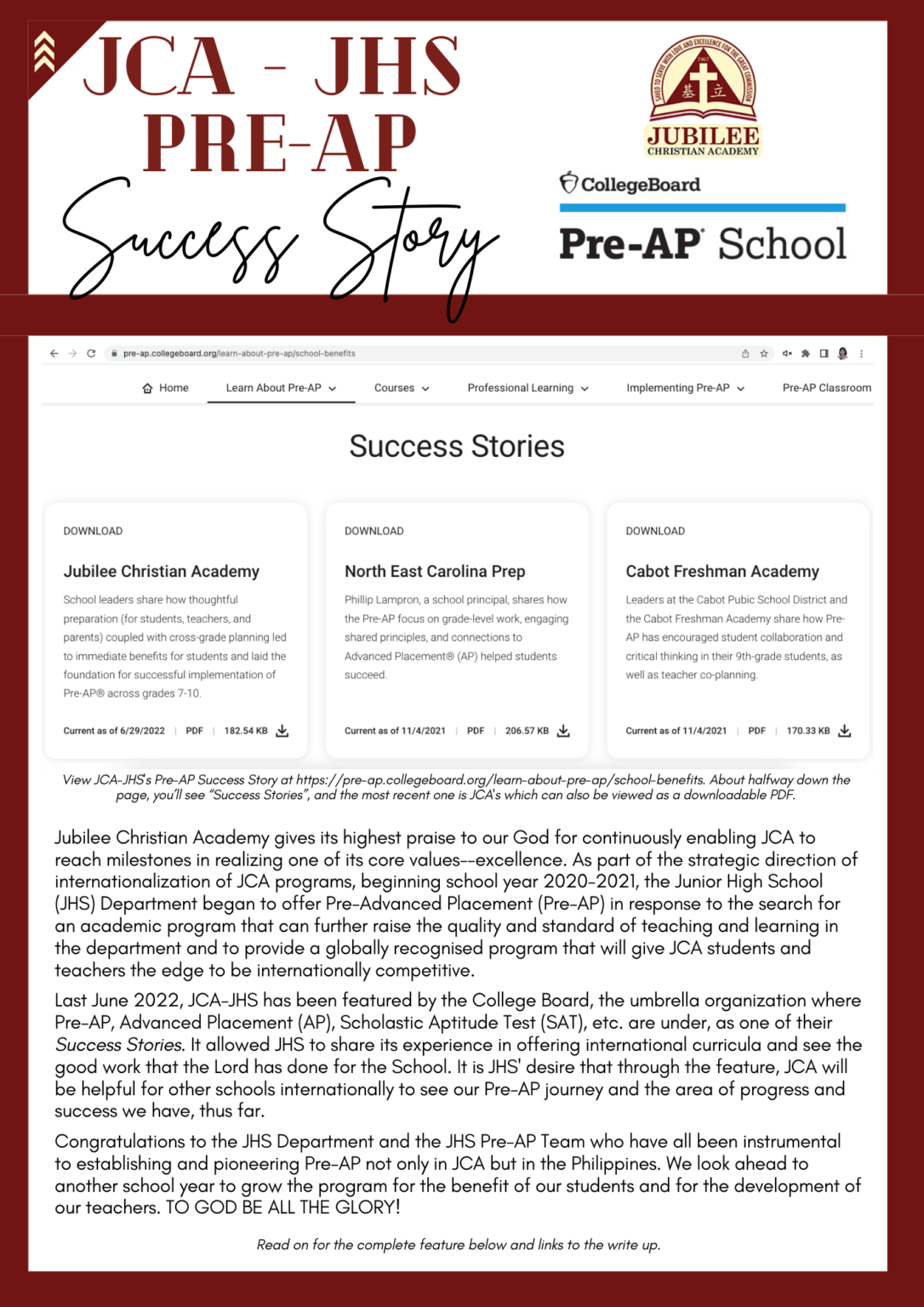 JCA-JHS PRE-AP SUCCESS STORY - Jubilee Christian Academy