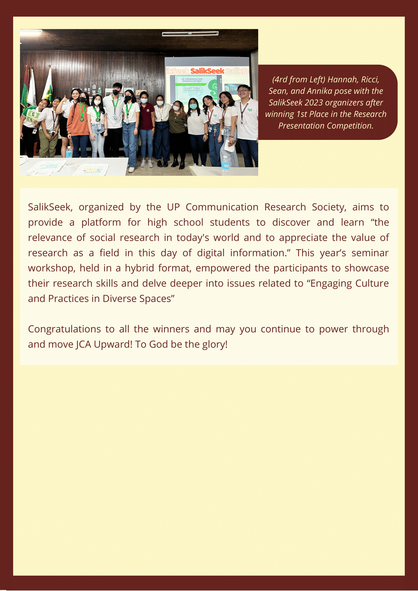 JCA SHS STUDENTS TOP THE SALIKSEEK 2023 RESEARCH WRITING PRESENTATION ...