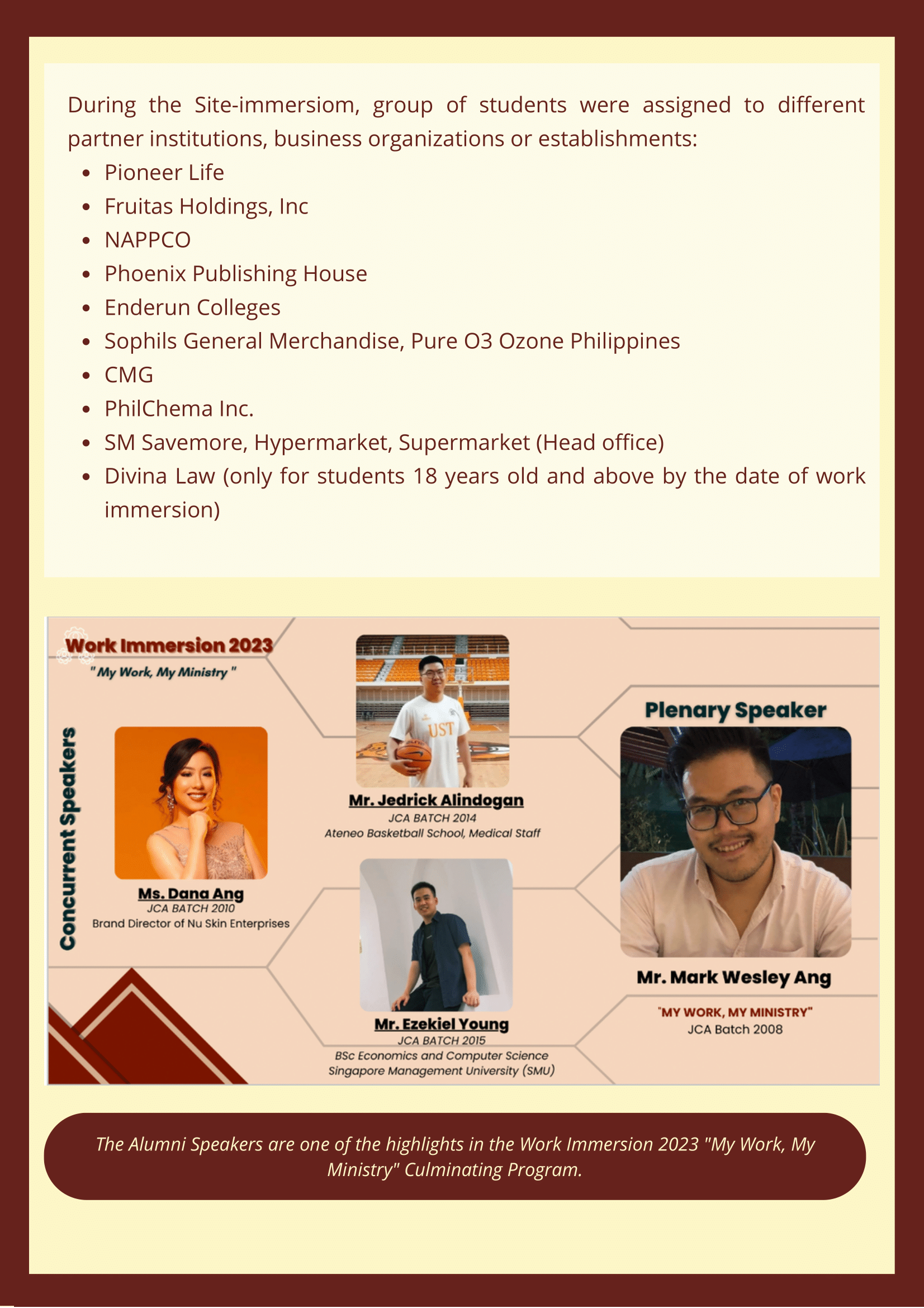 SHS WORK IMMERSION: MY WORK, MY MINISTRY - Jubilee Christian Academy