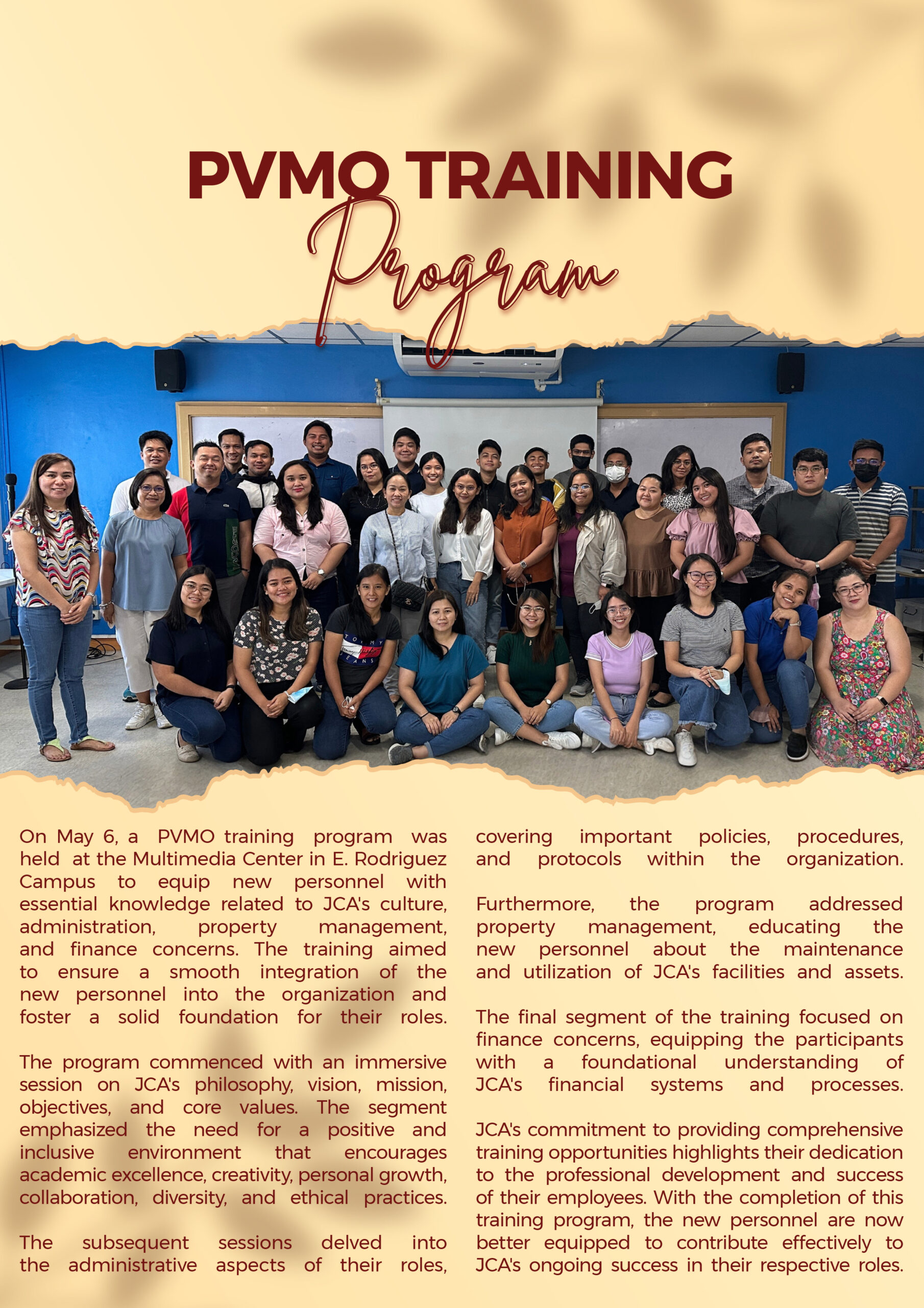PVMO TRAINING PROGRAM - Jubilee Christian Academy