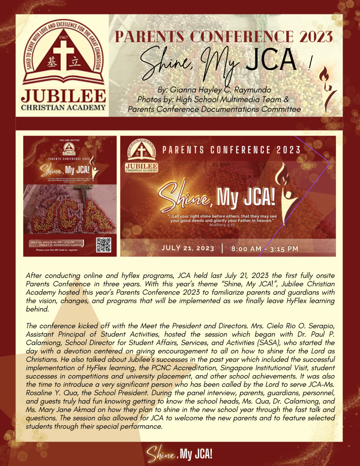 PARENTS CONFERENCE 2023: SHINE, MY JCA! - Jubilee Christian Academy