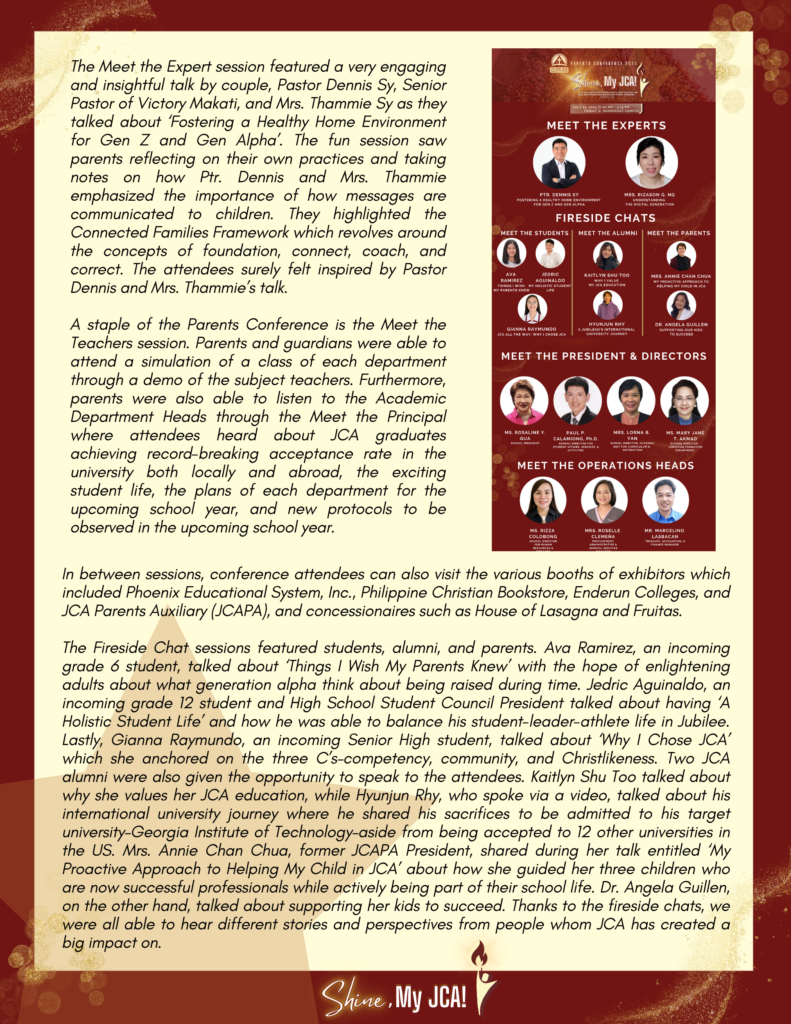 PARENTS CONFERENCE 2023: SHINE, MY JCA! - Jubilee Christian Academy