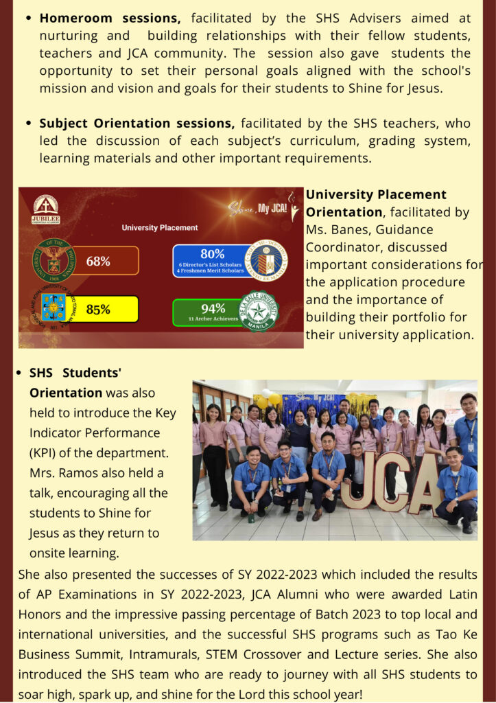 SHS READY TO SOAR HIGH, SPARK-UP & SHINE! - Jubilee Christian Academy